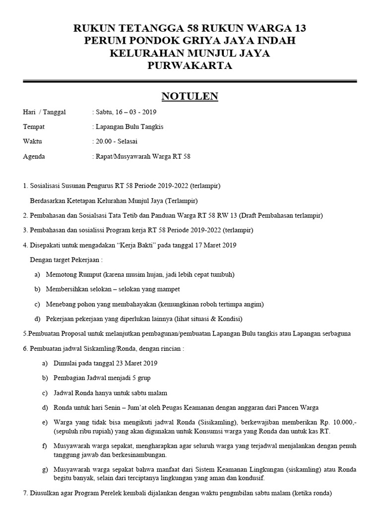 Notulen Rapat Warga 16 03 2019 | PDF