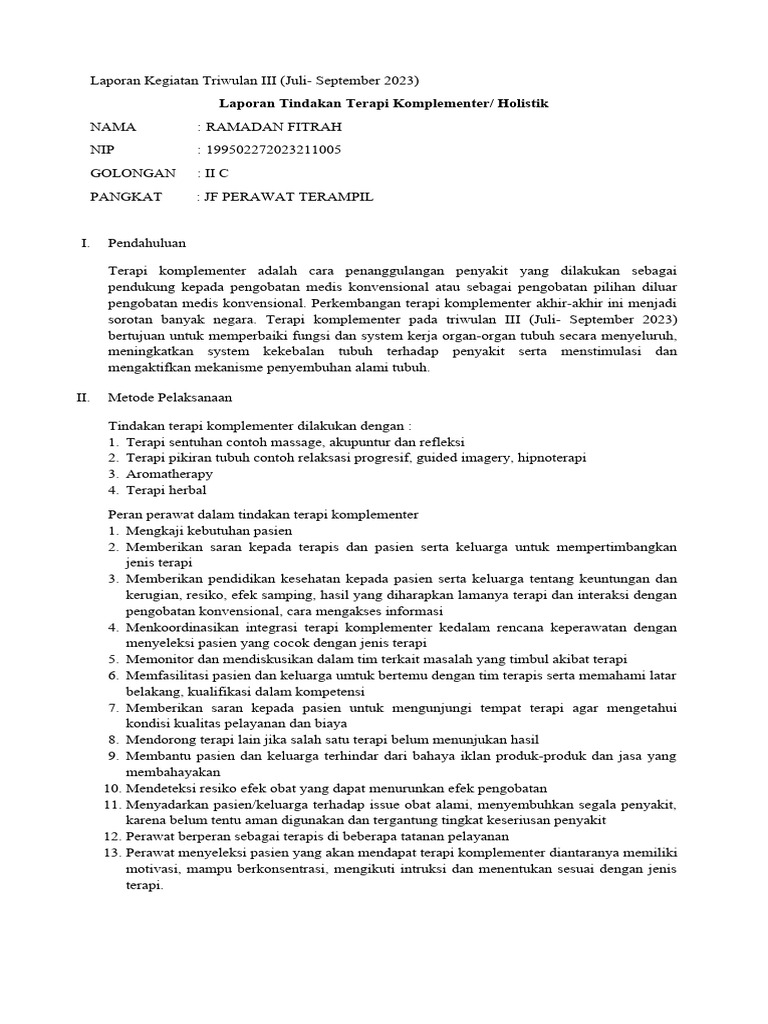 Laporan Kegiatan Triwulan III Laporan Tindakan Terapi Komplementer Holistik | PDF | Pengembangan ...