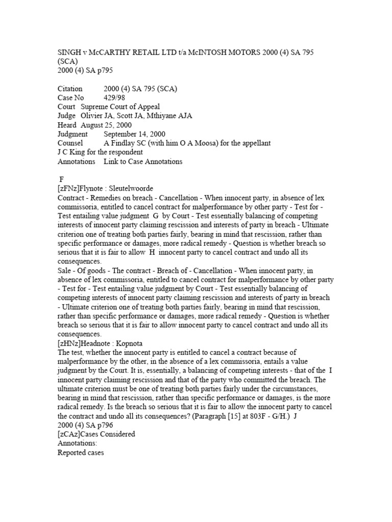 Singh V McCarthy 2000 | PDF