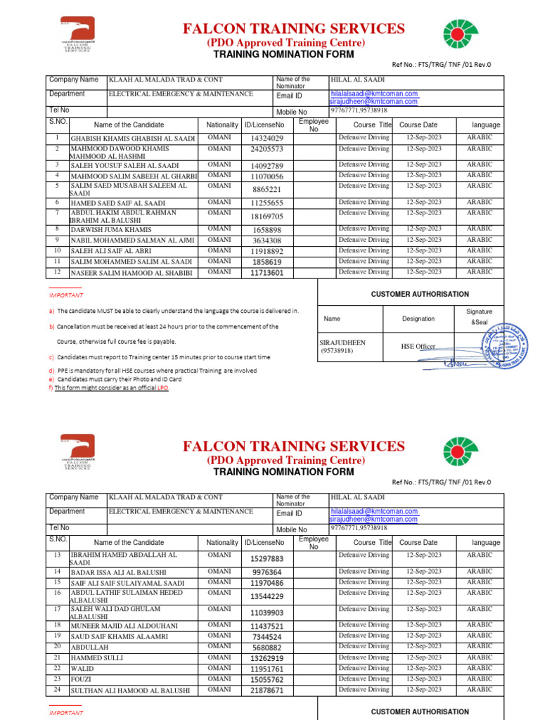 Defensive Driving NOMINATION FORM FTS - Omani Driver | PDF
