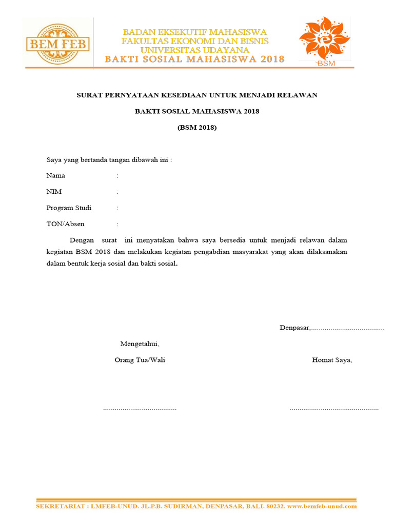 Surat Kesediaan Relawan BSM 2018 | PDF | Bisnis