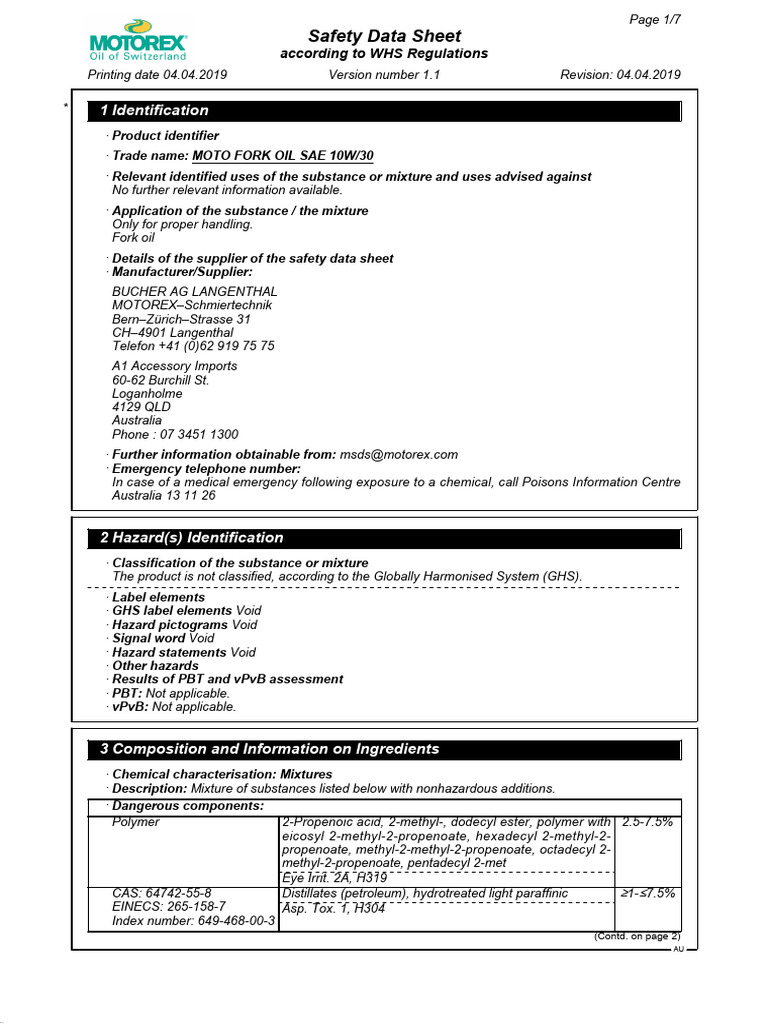 Motorex Msds MotoForkOil Sae10w30 AU | PDF