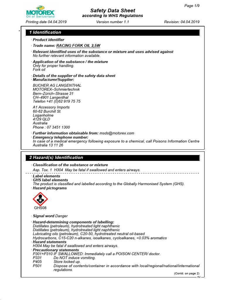 Motorex MSDS RacingForkOil 2 5W AU | PDF | Technology & Engineering