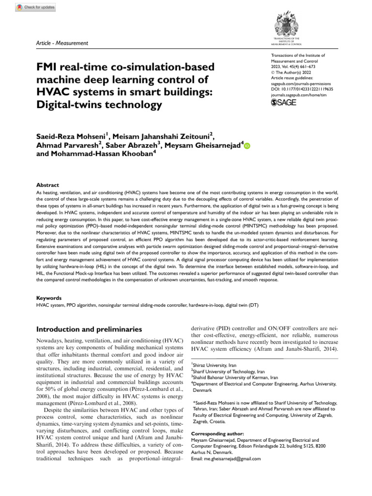 Mohseni Et Al 2022 Fmi Real Time Co Simulation Based Machine Deep Learning Control of Hvac ...