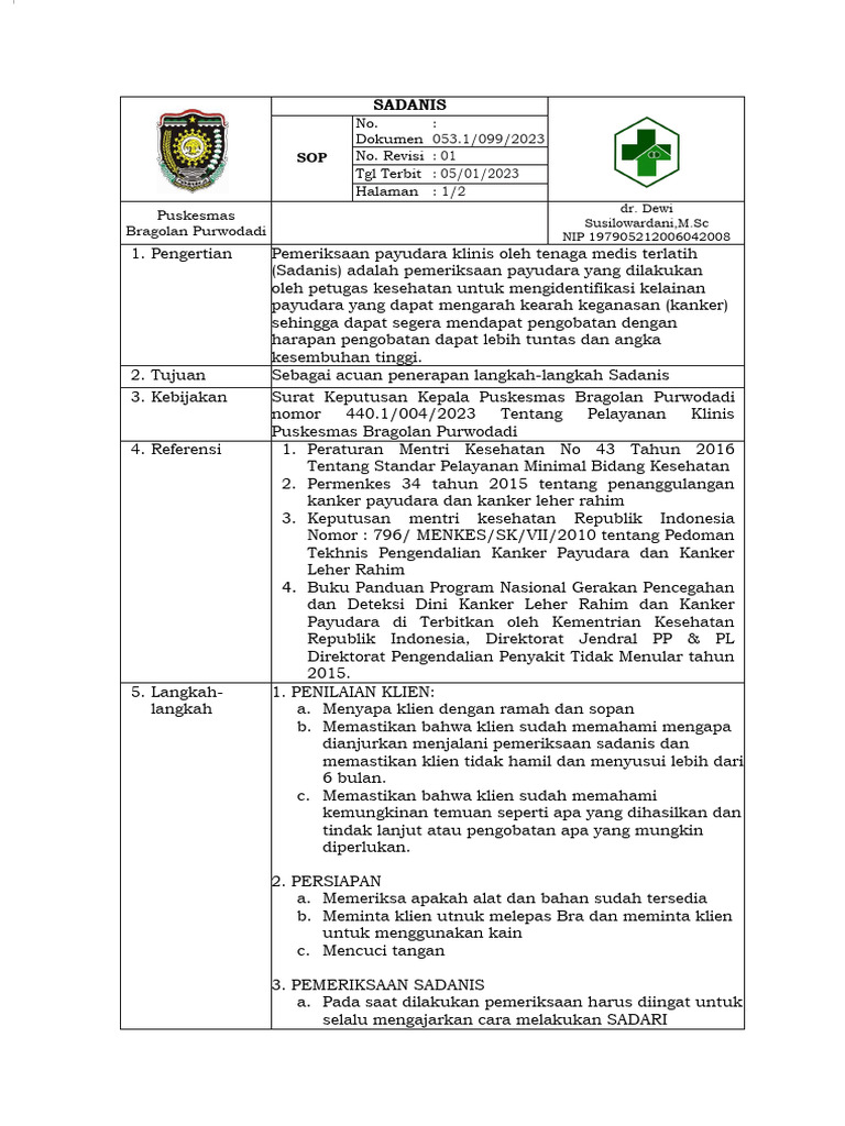 SOP Pemeriksaan Sadanis di Puskesmas | PDF