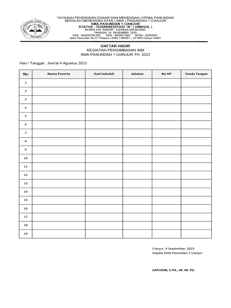 Daftar Hadir Peserta Pengimbasan 2023 | PDF