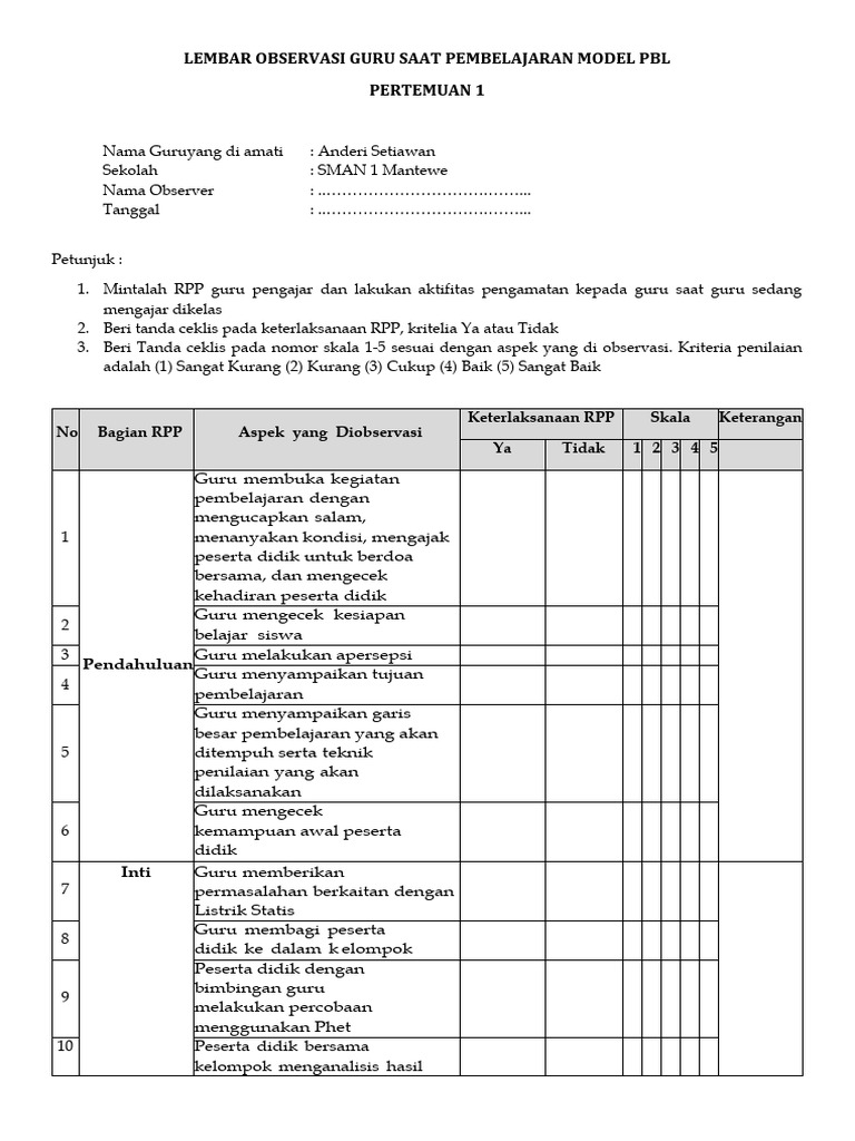 Lembar Observasi RPP | PDF