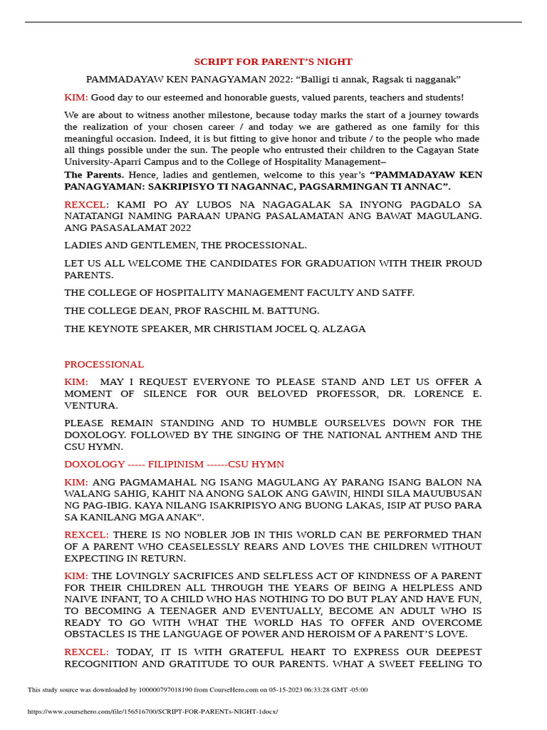 SCRIPT FOR PARENTs NIGHT 1 | PDF