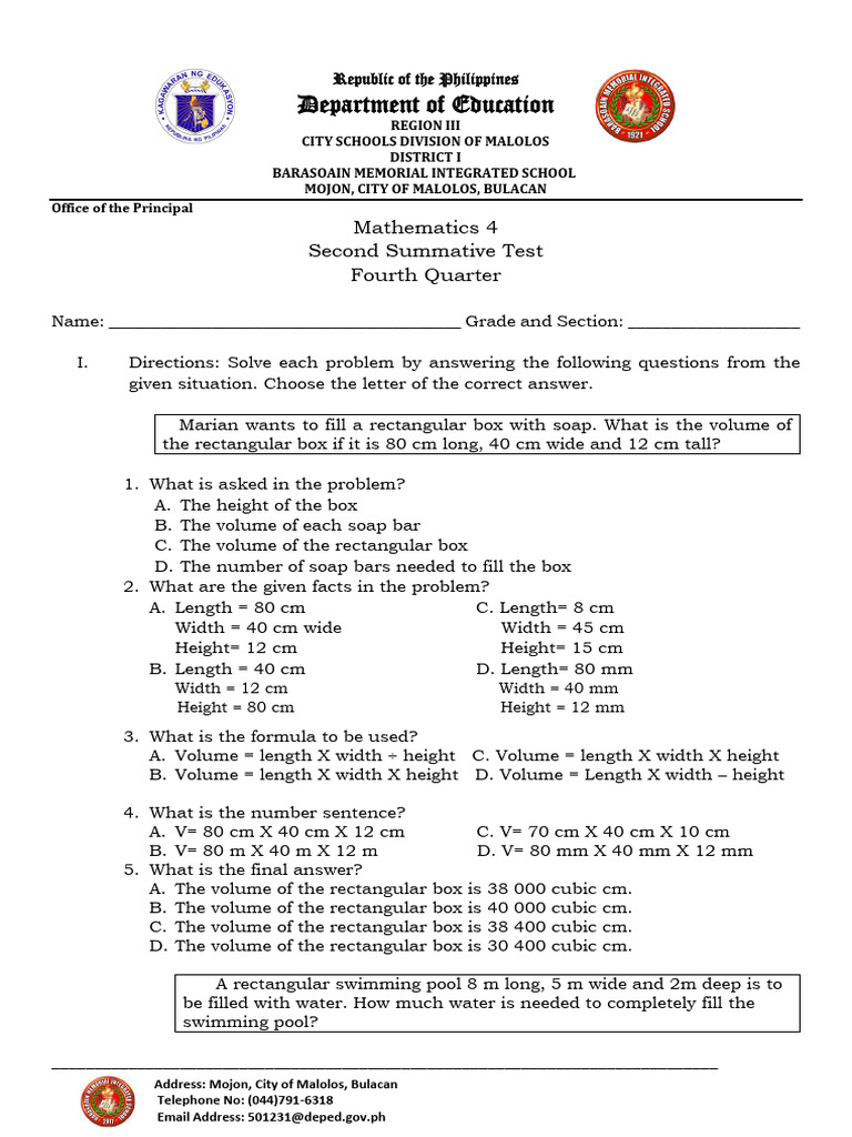 Math 4 Q4 Summative Test No.2 | PDF