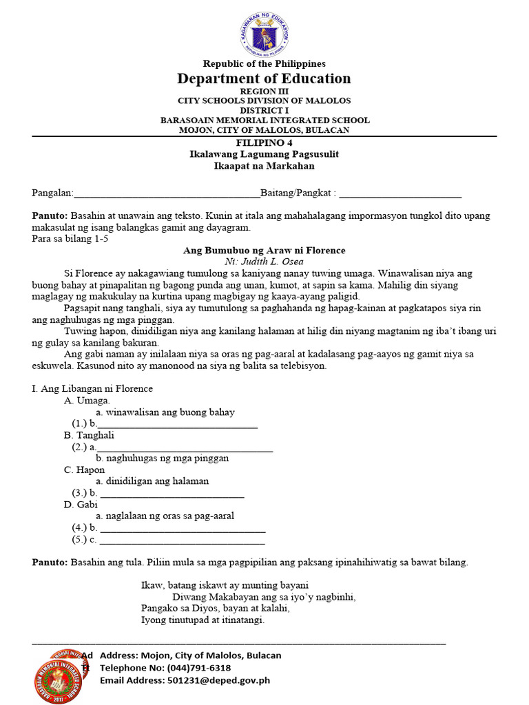 Filipino 4 Q4 Summative Test No.2 | PDF