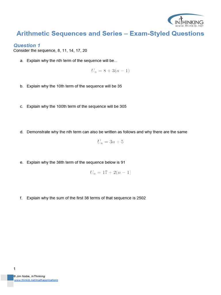 Arithmetic Sequences and Series Exam-Styled Questions | PDF