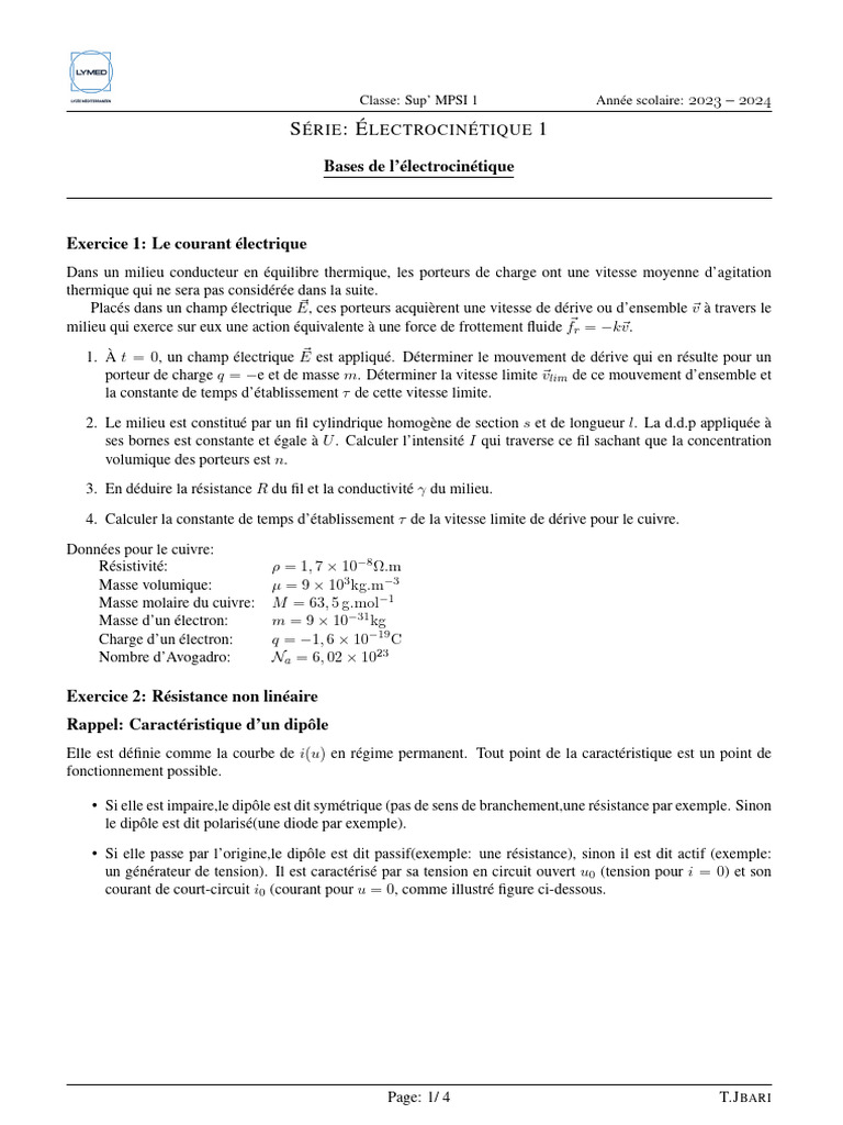 Bases de l'électrocinétique MPSI 1 | PDF | Tension électrique ...