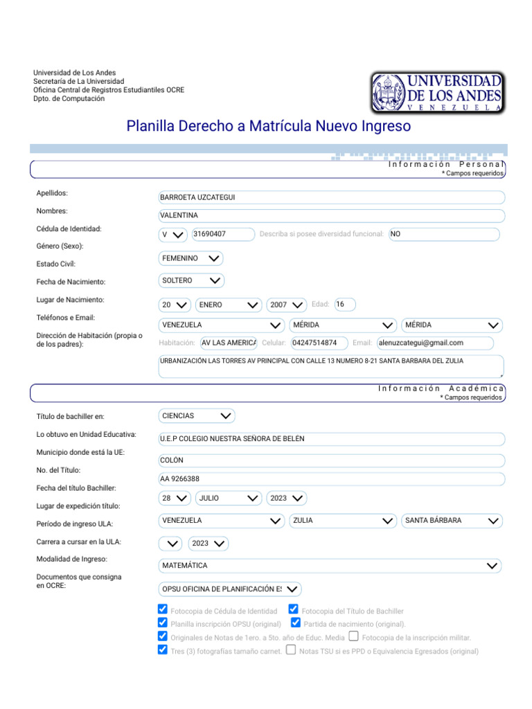 Planilla de Derecho a Matrícula OCRE-ULA | PDF | Gobierno y personalidad | Autenticación