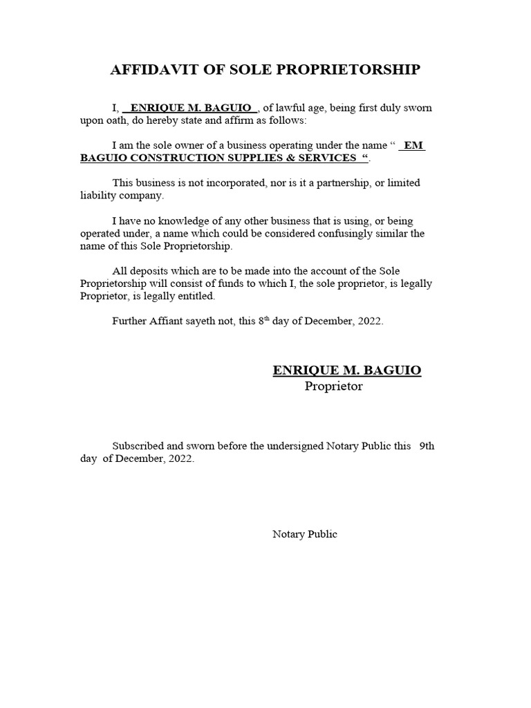 Affidavit of Sole Proprietorship | PDF