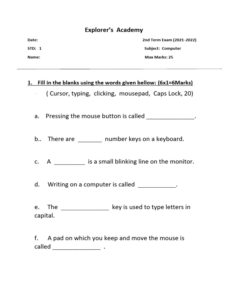 Class1-Computer-Question Paper-Term 2 | PDF