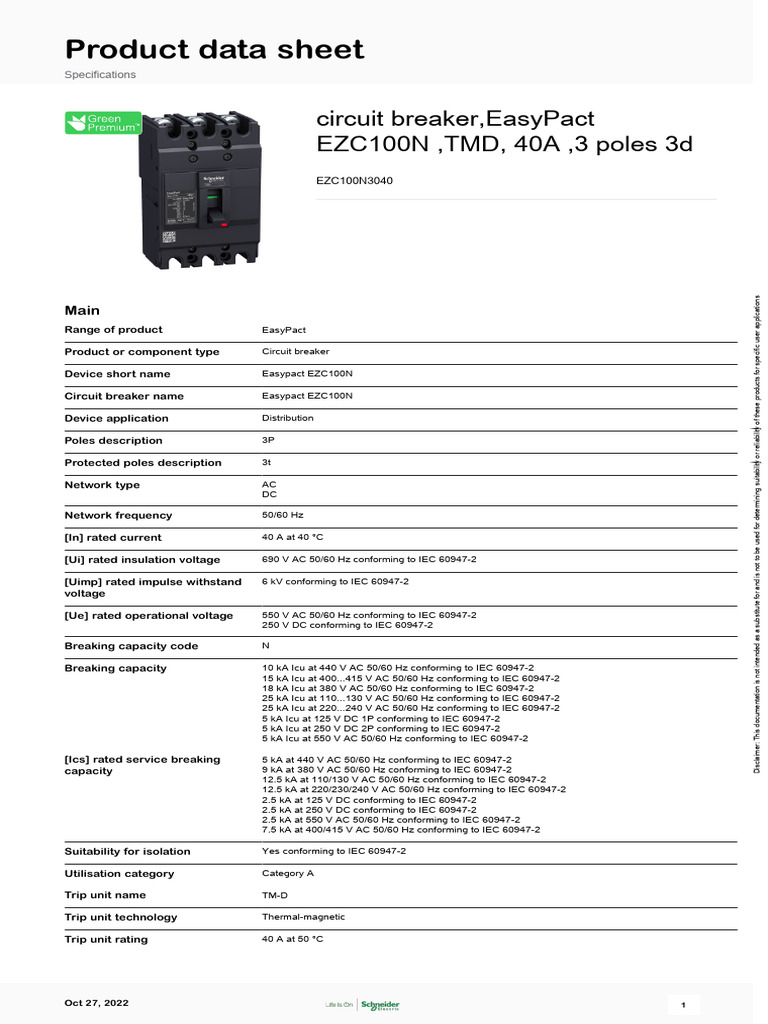 EasyPact EZC100N Circuit Breaker Specs | PDF | Alternating Current ...