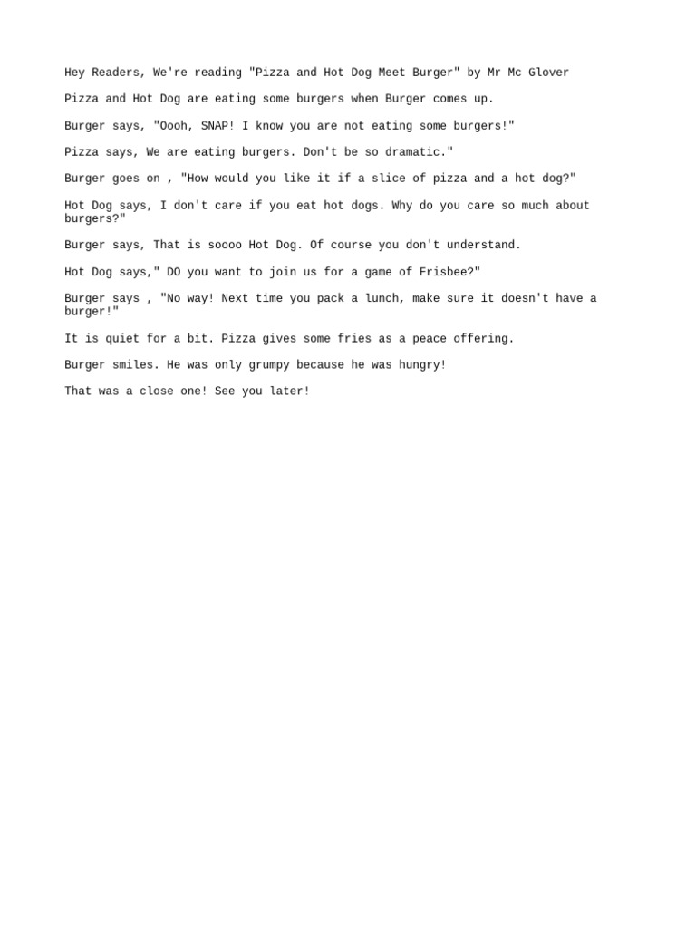 Reading Comprehension Activity - Pizza and Hot Dog Meet Burger 2.en | PDF