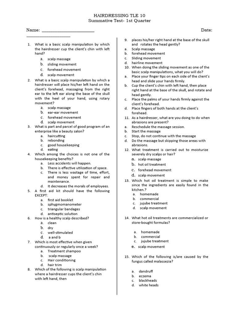 Hairdressing Tle 10 - Summative | PDF
