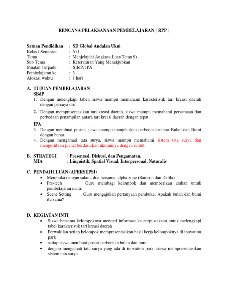 RPP Kelas 6 Tema 3 Subtema 1 Tata Surya | PDF | Seni & Disiplin Bahasa | Kajian Bahasa Asing