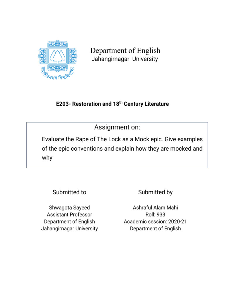 Rape of The Lock As A Mock Epic With Examples and Explanations How The ...
