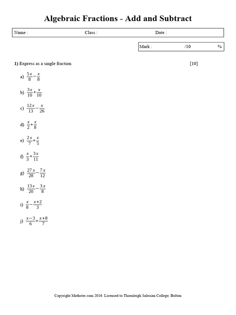 Algebraic Fractions - Add and Subtract - 1 | PDF | Teaching Methods & Materials