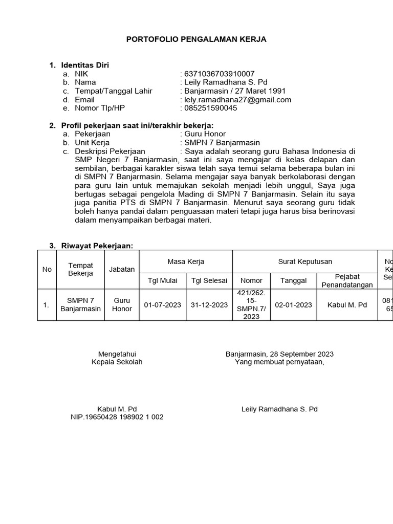 Contoh Portofolio Pengalaman Kerja. | PDF