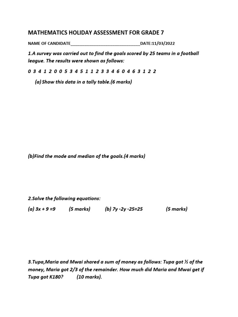 Grade 7 Mathematics Holiday Assessment | PDF