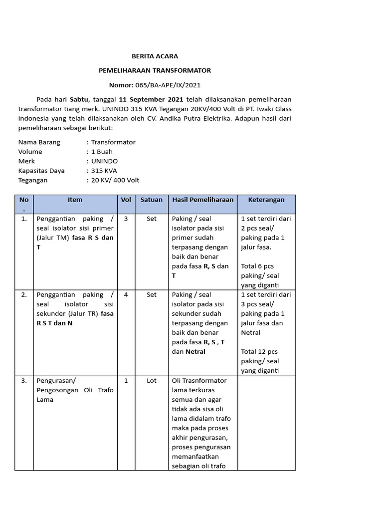 BA Pemeliharaan Trafo | PDF