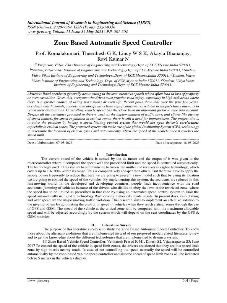 Zone Based Automatic Speed Controller: Prof. Komalakumari, Theerthesh G K, Lincy W S K, Akayla ...