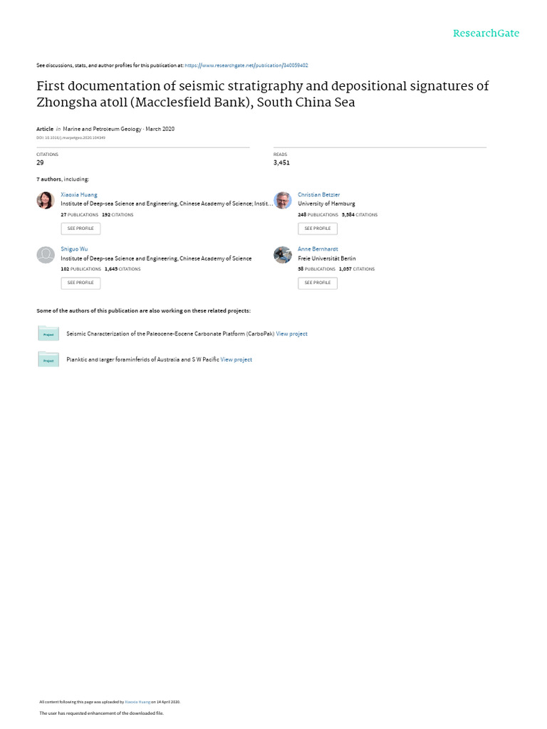 Seismic Stratigraphy of Zhongsha Atoll | PDF | Rift | Coral Reef