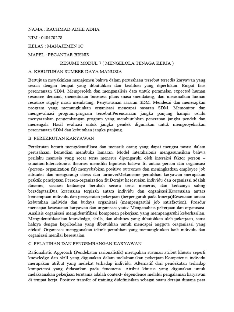 Resume Modul 7 Pengantar Bisnis - Rachmad Adhe Adha - Manajemen 1C | PDF | Karier & Perkembangan
