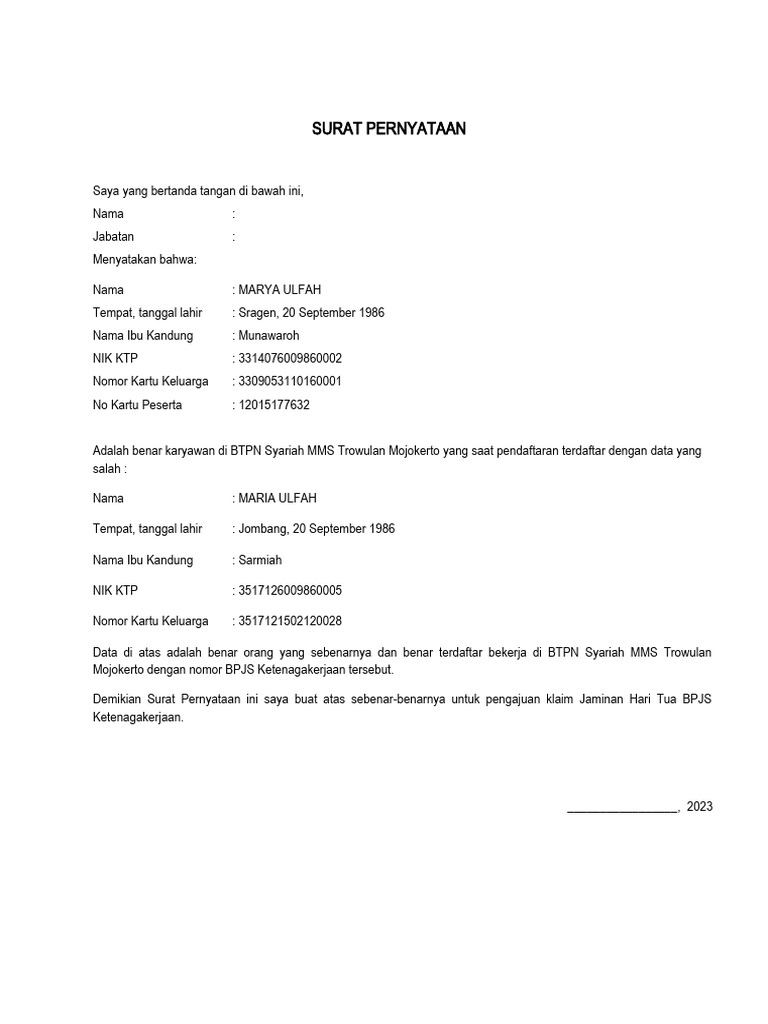 Isian - Surat Pernyataan - BTPNS | PDF