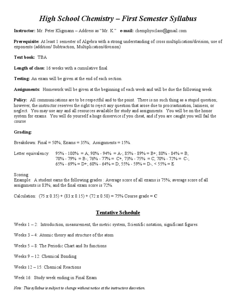 High School Chemistry Syllabus First Semester | PDF
