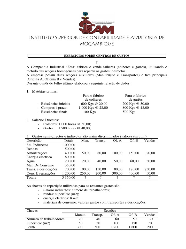 Ficha de Exercicios I - Centros de Custos | PDF