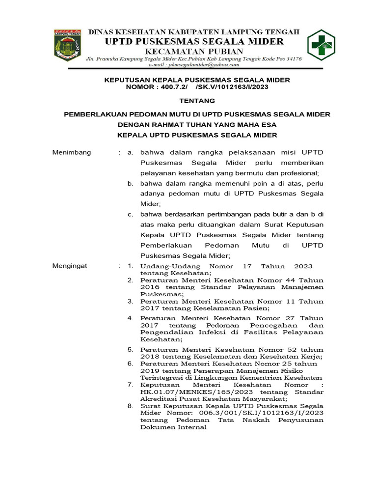 SK Pemberlakuan Pedoman Mutu | PDF