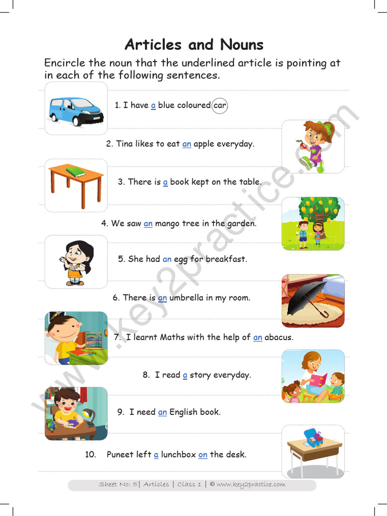 Articles and Nouns Practice Sheet | PDF | Linguistic Typology | Syntax