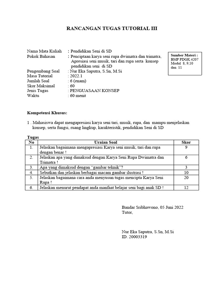 RANCANGAN TUGAS TUTORIAL 3 Oke | PDF | Seni