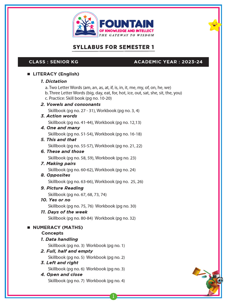 Syllabus Senior KG Semester 1 2023-24 | PDF
