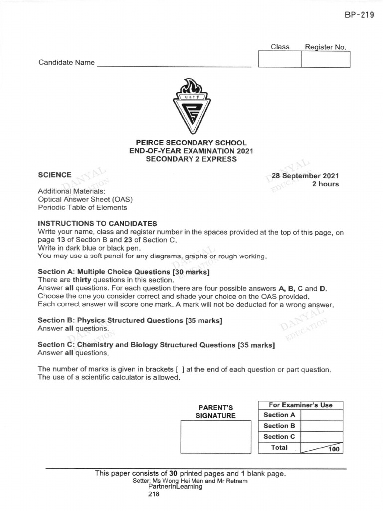 Secondary 2 Science Exam 2021 | PDF