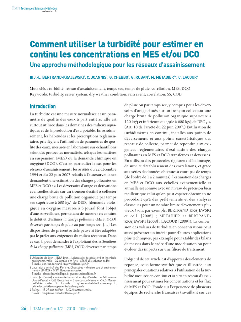 Comment Utiliser La Turbidité Pour Estimer en Continu Les ...