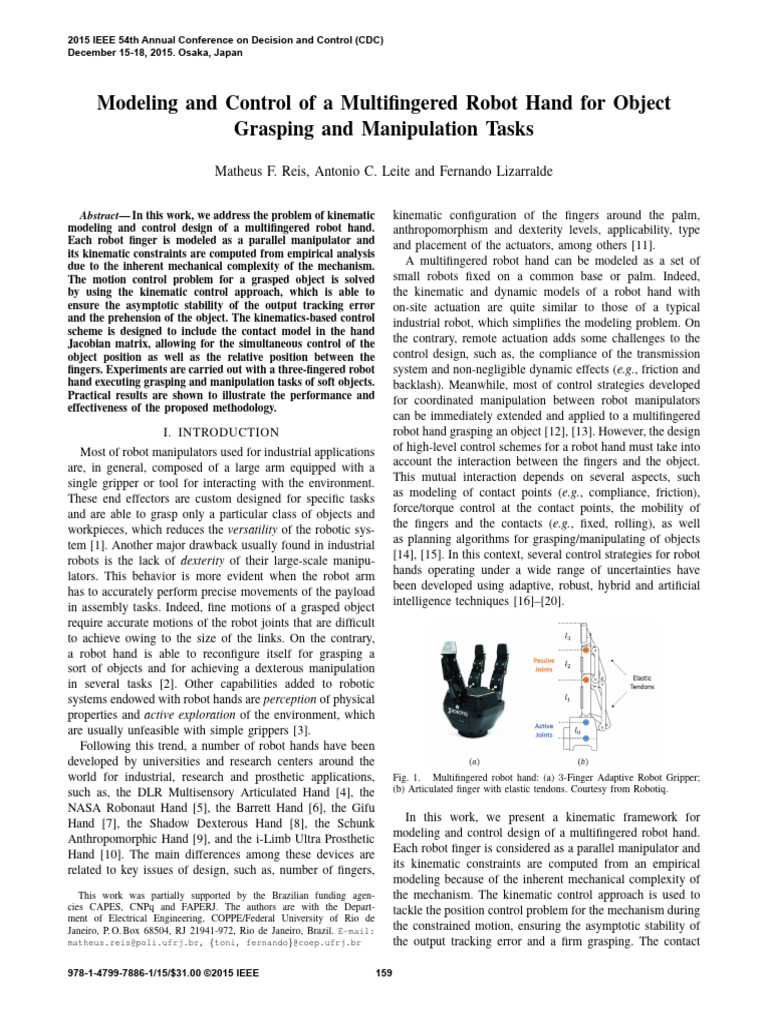 Modeling and Control of A Multifingered Robot Hand For Object | PDF