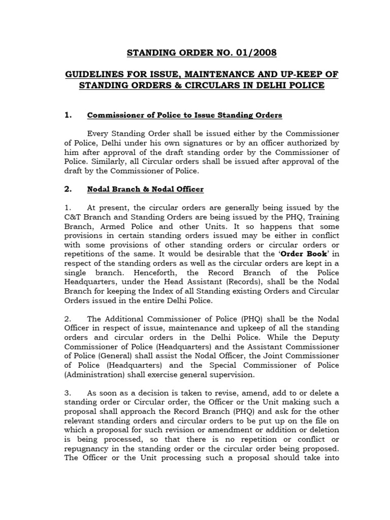 Standing Order No. 01/2008 Guidelines For Issue, Maintenance and Up-Keep of Standing Orders ...