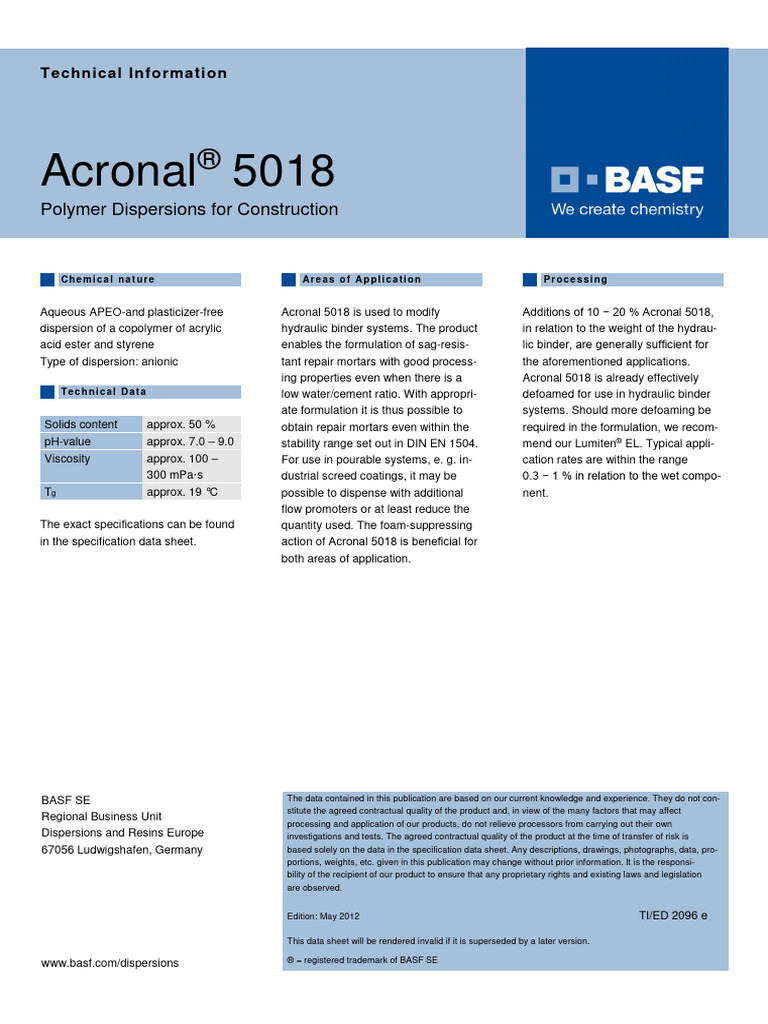 Acronal 5018 | Download Free PDF | Viscosity | Mortar (Masonry)
