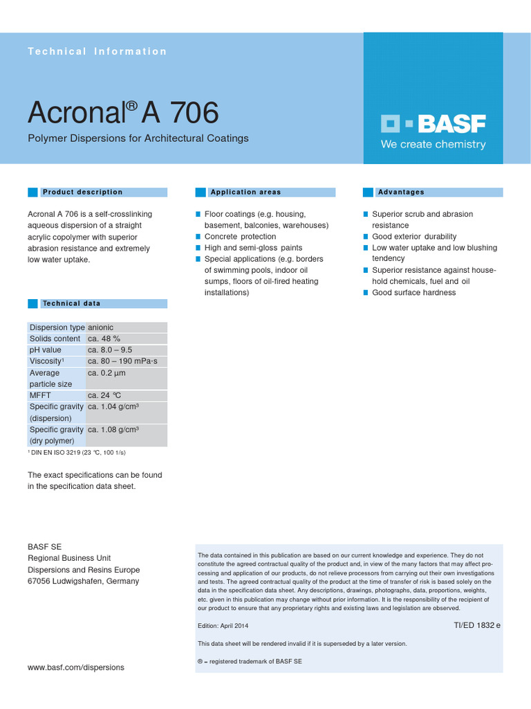 Acronal A 706 | PDF | Paint | Materials