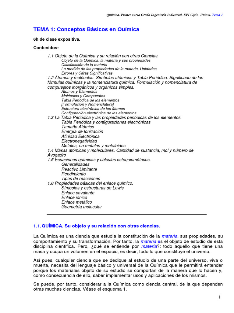Tema 1 QUIMICA. - Leccion - 1 | PDF