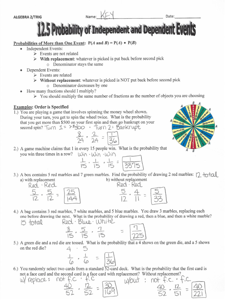 12.5 Probability of Independent and Dependent Events - KEY | PDF
