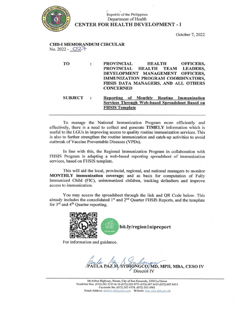 CHD I Memo Circular 2022 027 Reporting of Monthly Routine Immunization ...