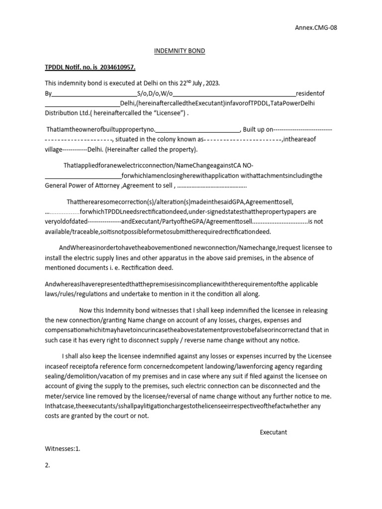 Indemnity Bond for New Electric Connection | PDF | Indemnity | Deed