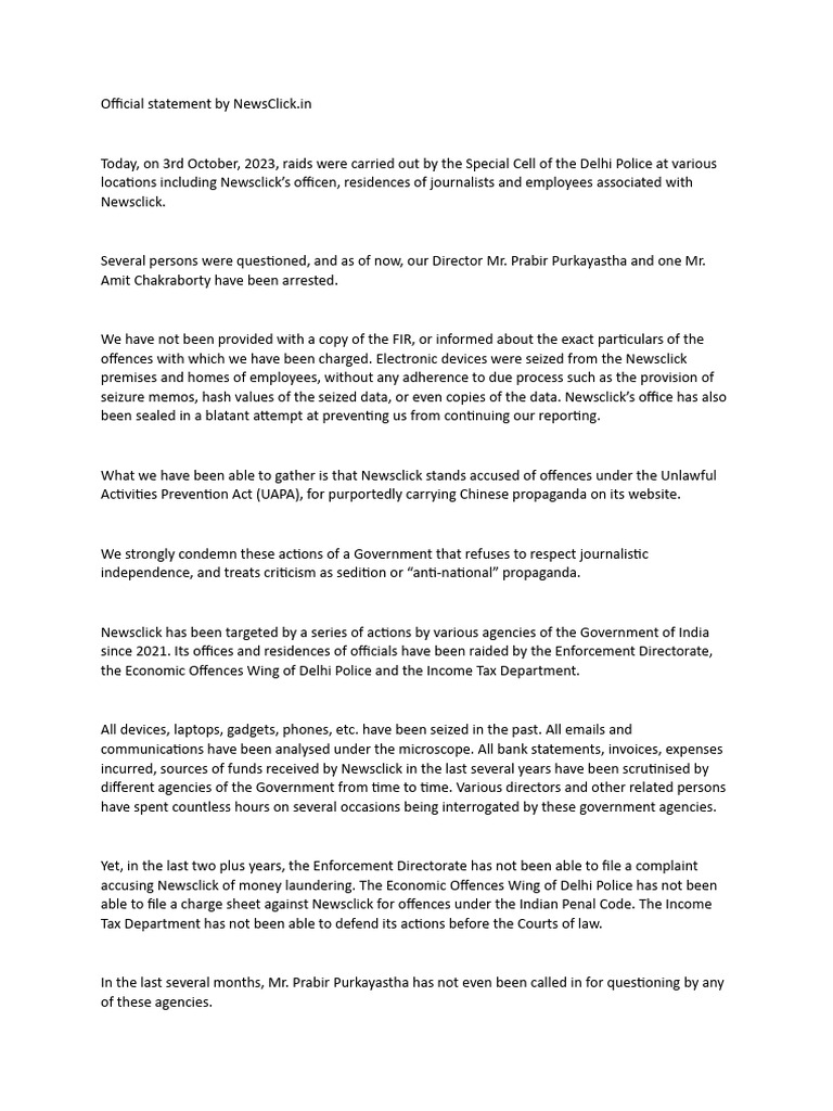 Official Statement by NewsClick | PDF
