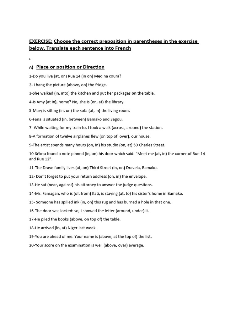 French Preposition Practice | PDF